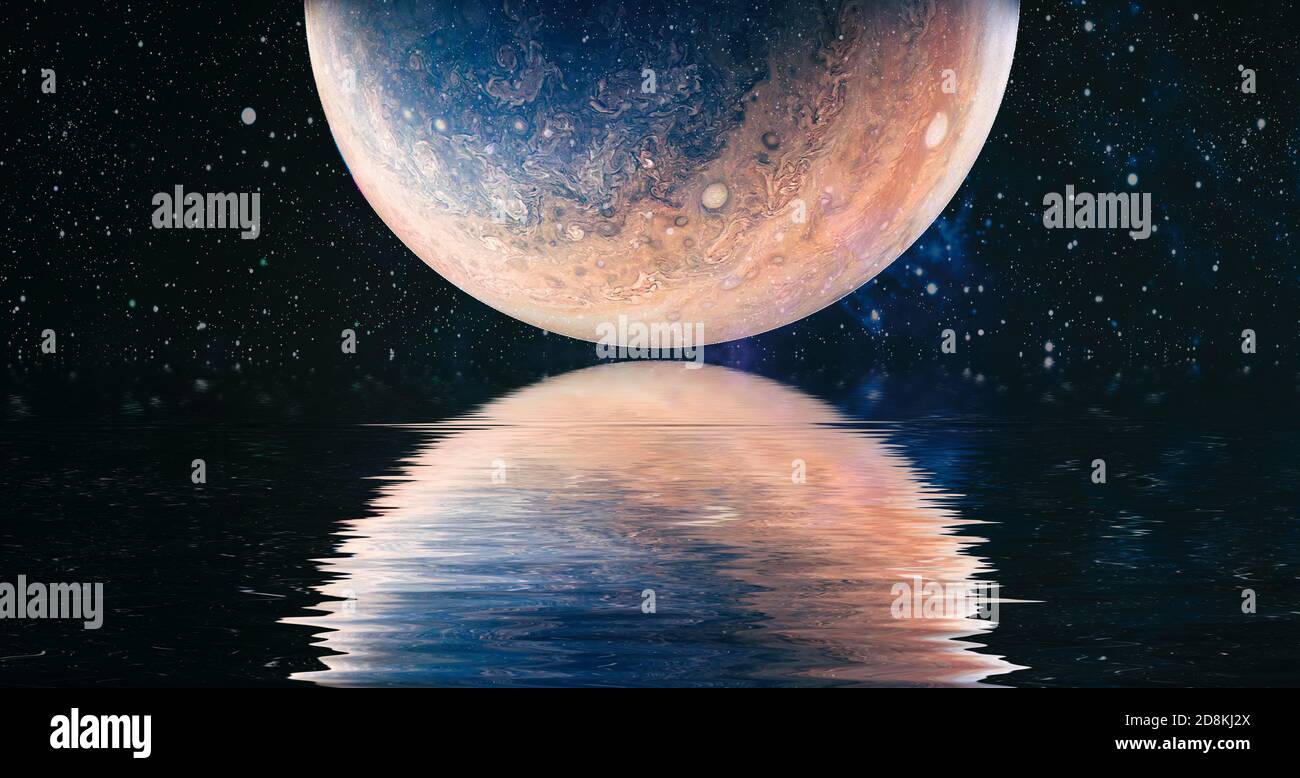 space planet in space reflected in water. galaxy stars night sky ...