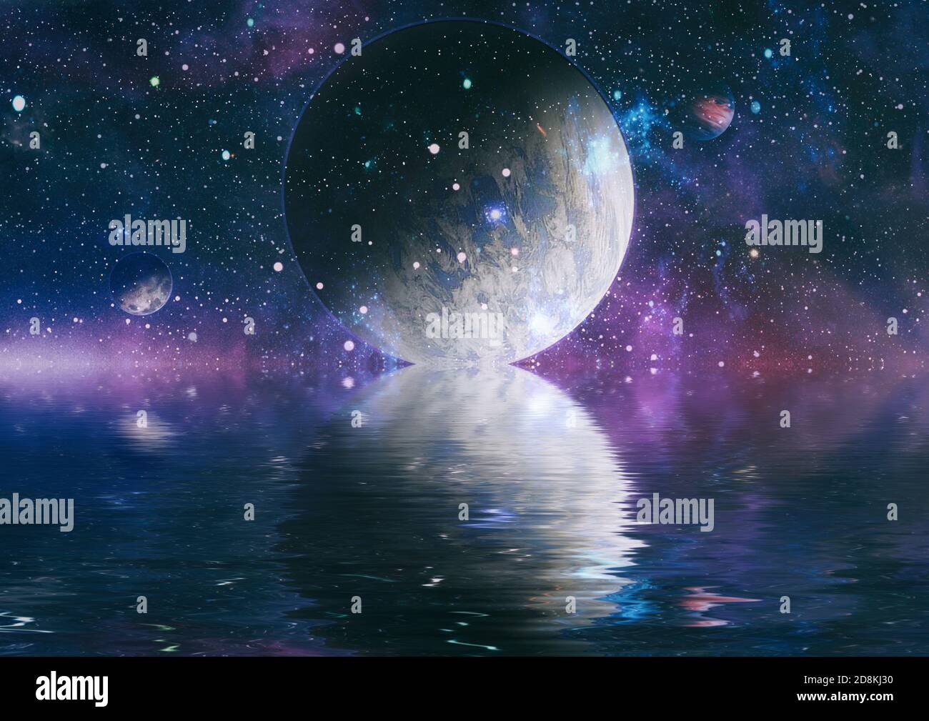 space planet in space reflected in water. galaxy stars night sky ...