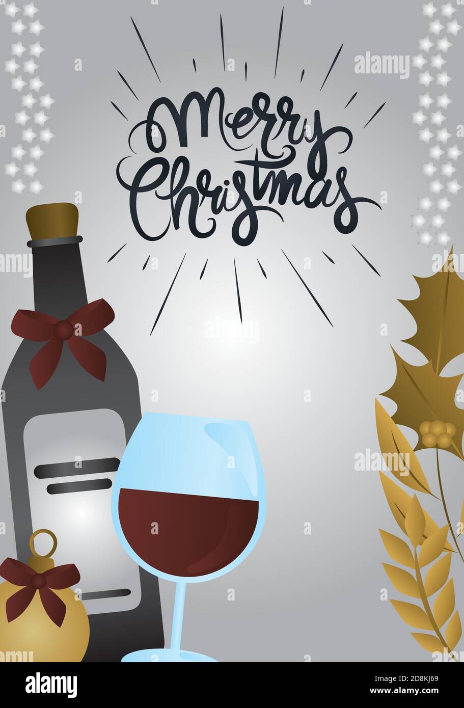 merry christmas, wine bottle cup and ball with hand drawn text vector ...