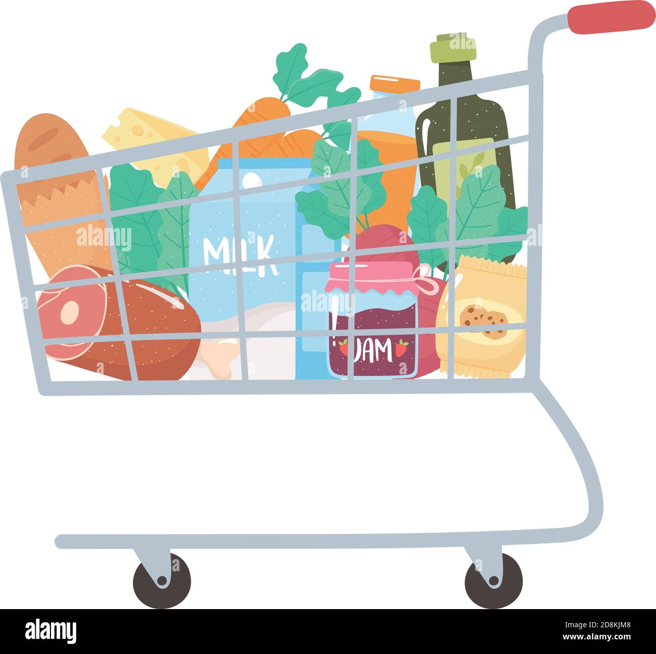 shop cart with bread meat milk jam carrot and more, grocery purchases ...