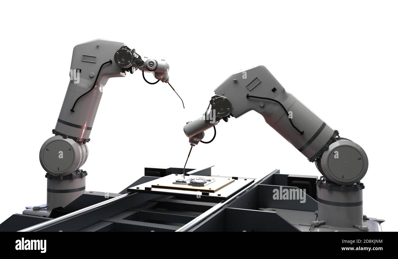 Automation industry concept with 3d rendering robot assembly line in ...