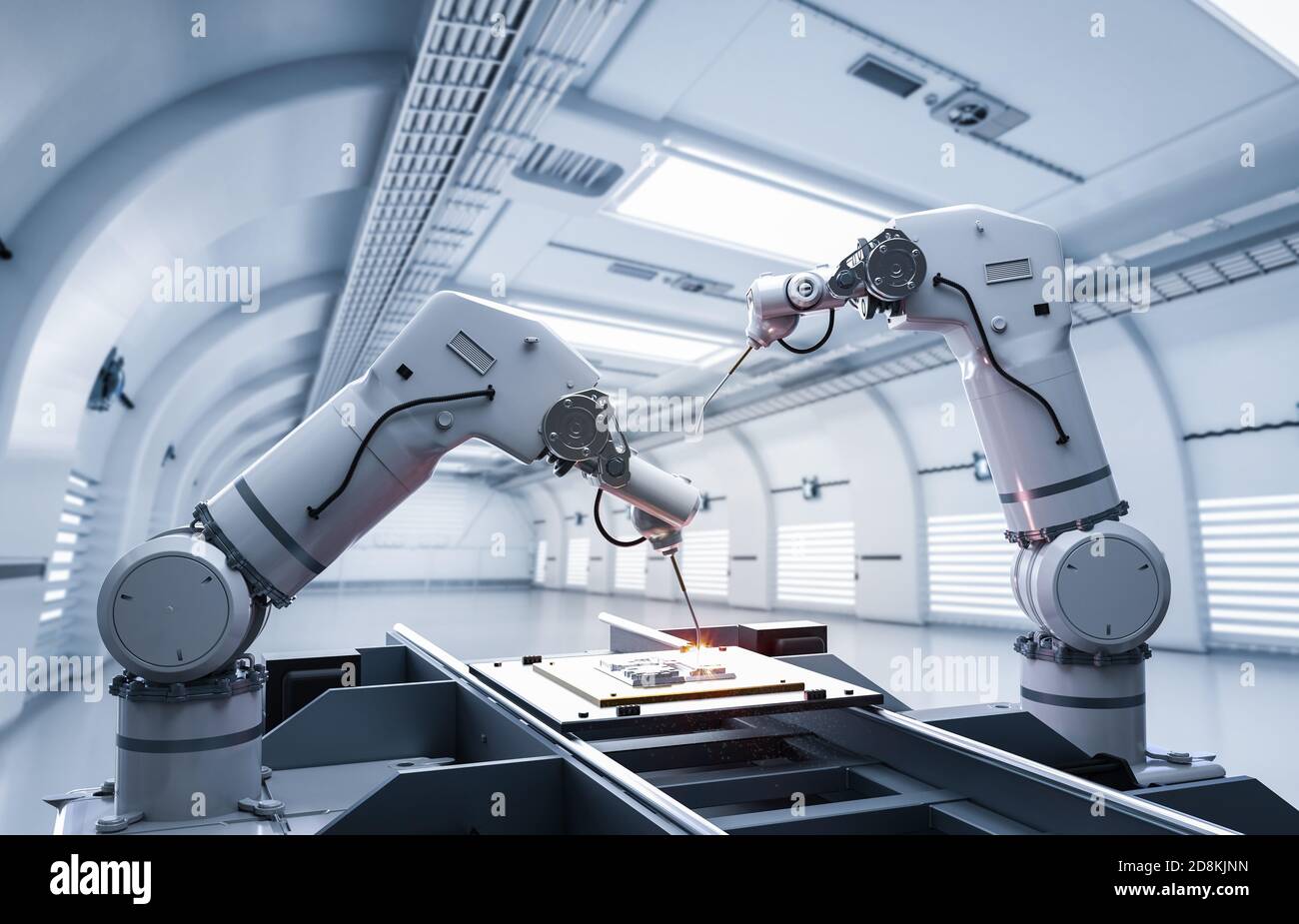 Automation industry concept with 3d rendering robot assembly line in ...