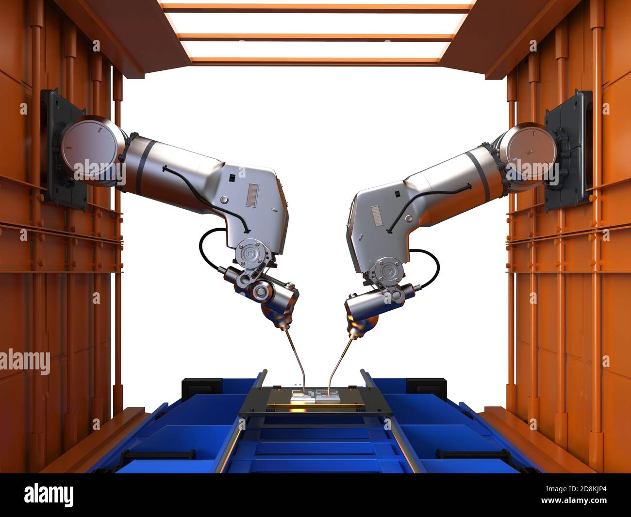 Automation industry concept with 3d rendering robot assembly line in ...