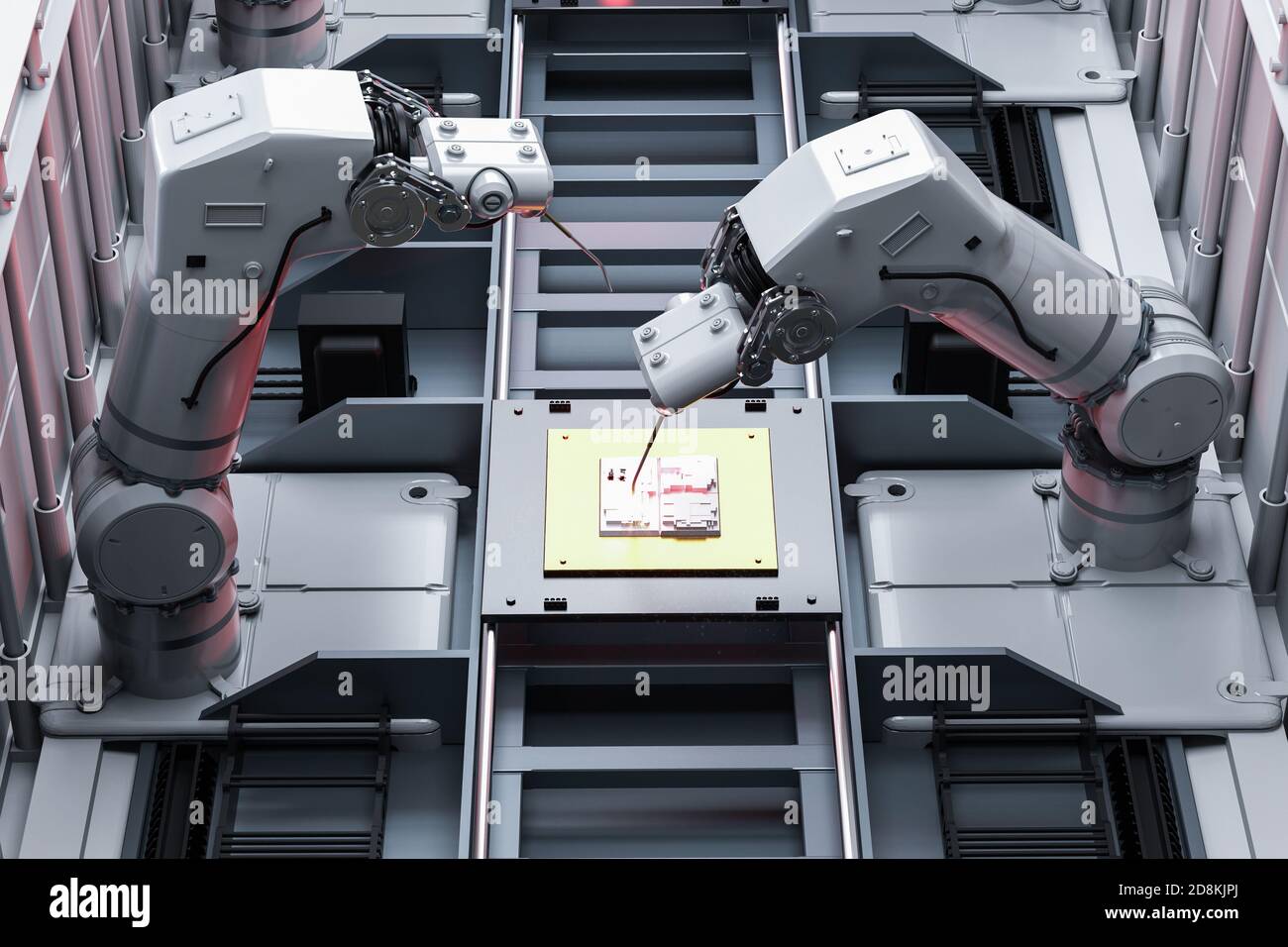 Automation industry concept with 3d rendering robot assembly line in ...