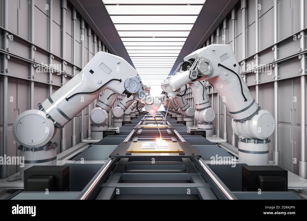 Automation Industry Concept With 3d Rendering Robot Assembly Line In
