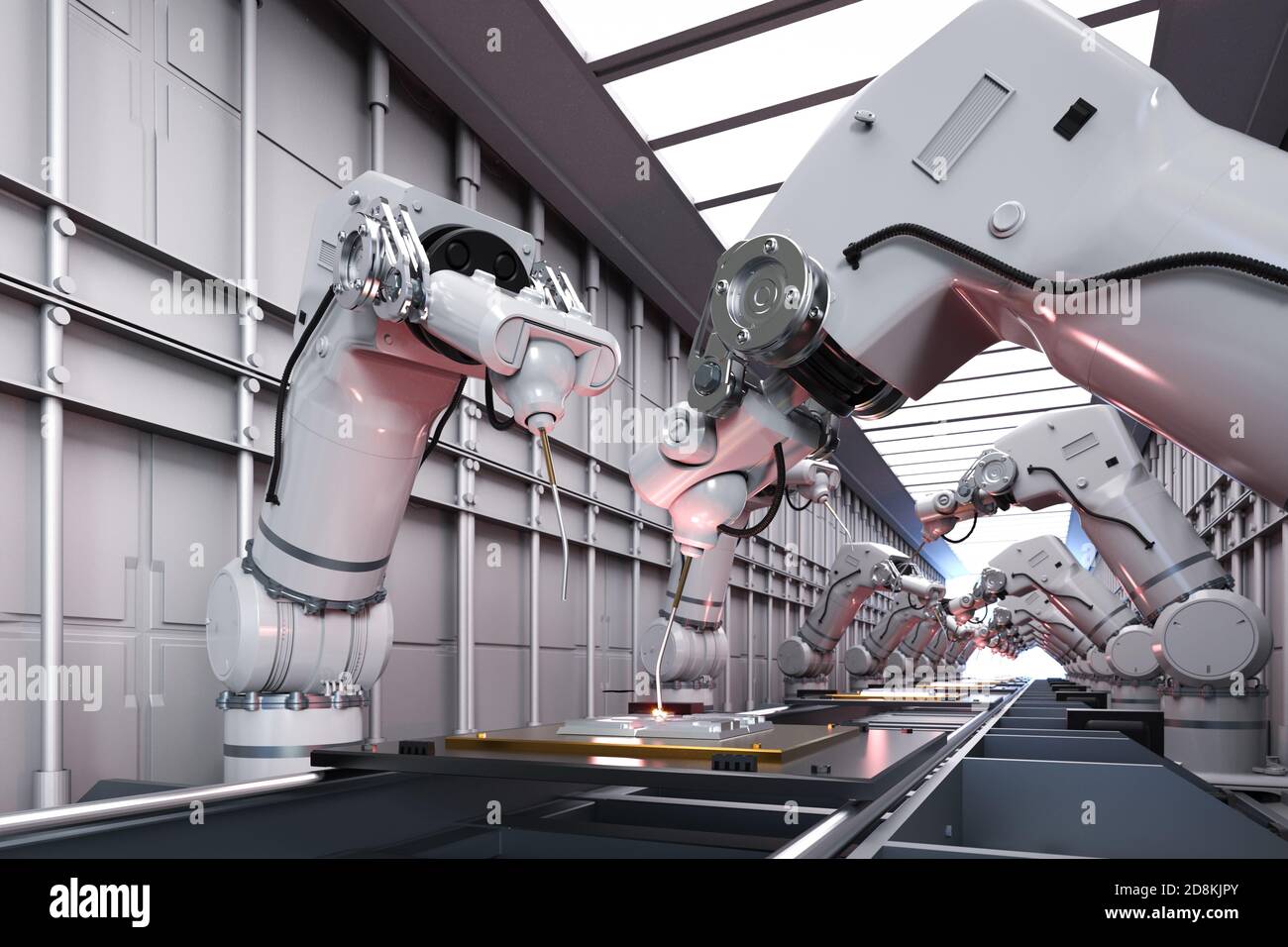 Automation industry concept with 3d rendering robot assembly line in ...