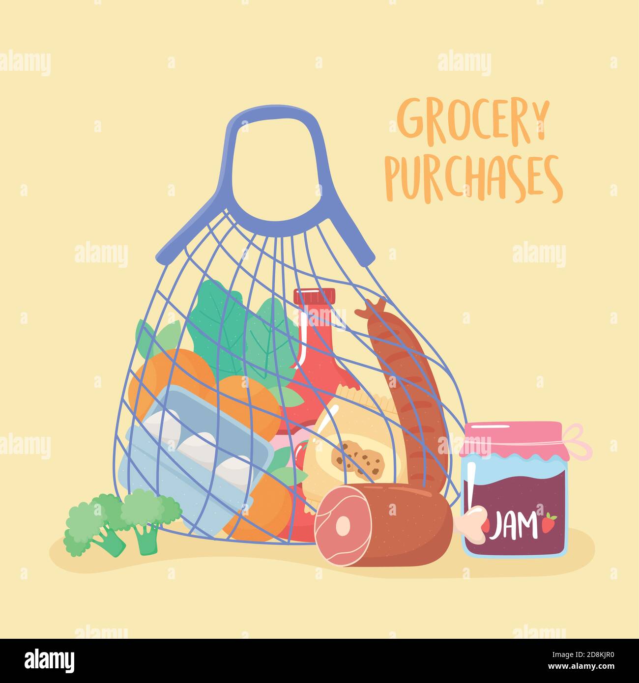 full cloth string bag of food, grocery purchases vector illustration ...