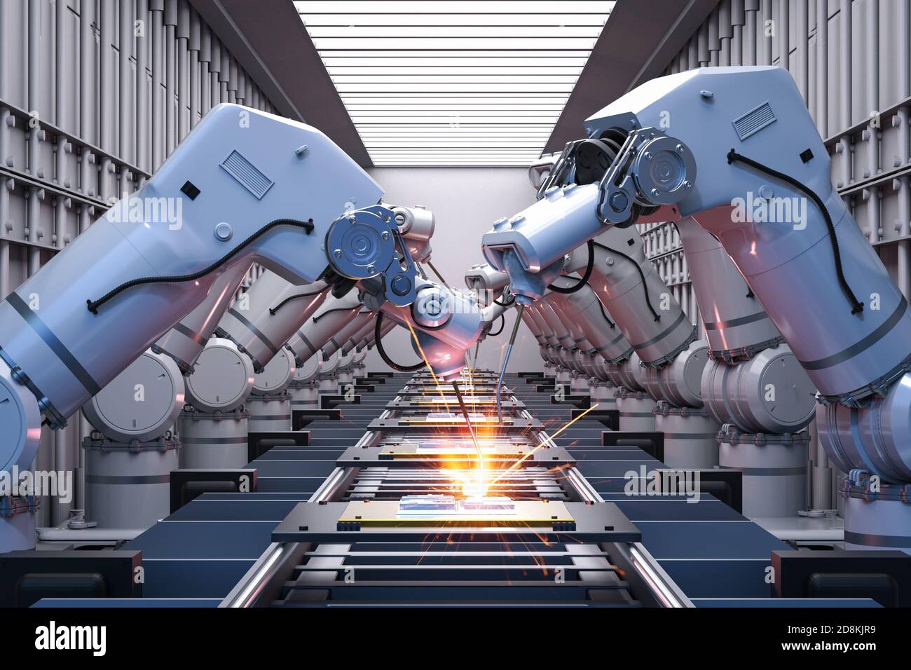 Automation industry concept with 3d rendering robot assembly line in factory Stock Photo - Alamy