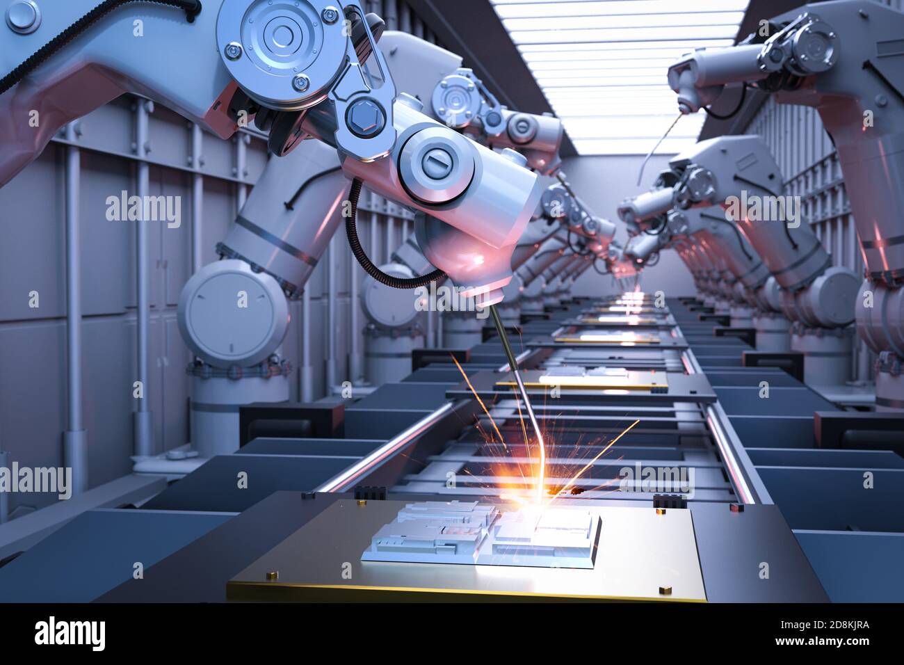 Automation industry concept with 3d rendering robot assembly line in ...