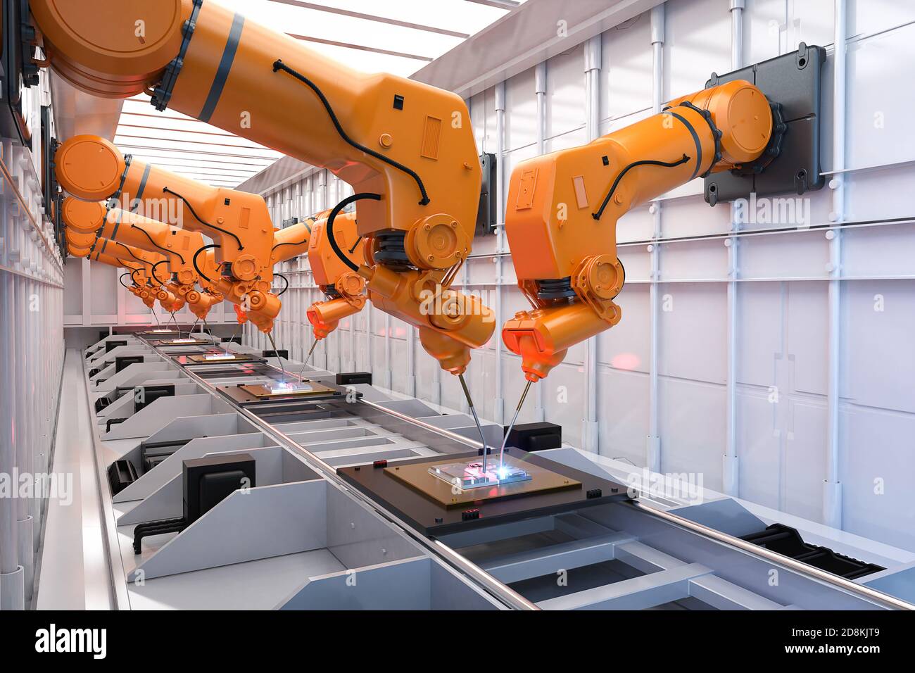 Automation Industry Concept With 3d Rendering Robot Assembly Line In