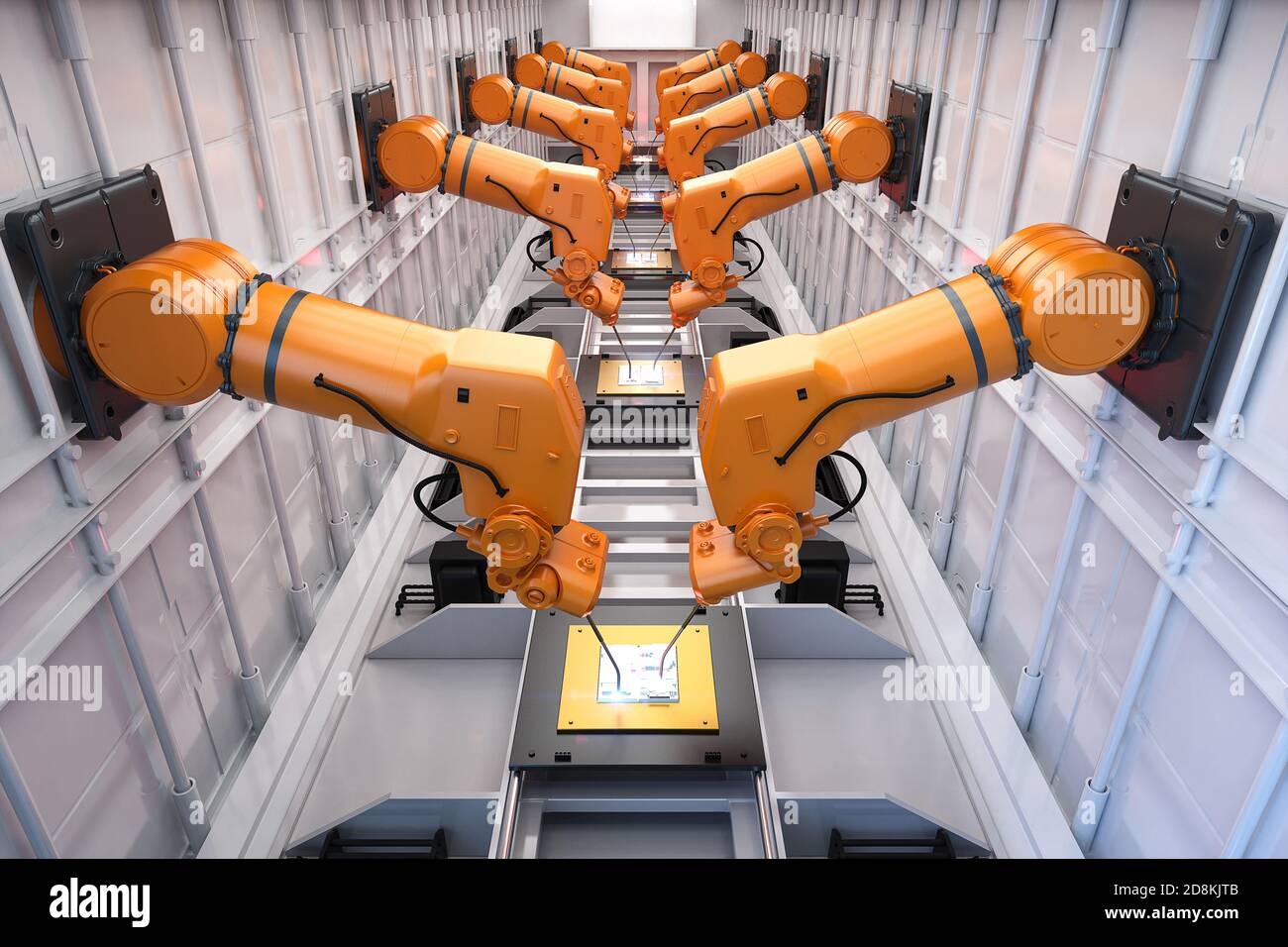 Automation industry concept with 3d rendering robot assembly line in factory Stock Photo - Alamy