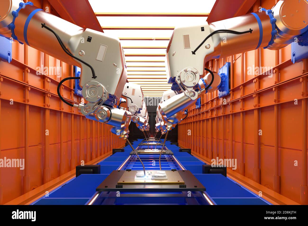 Automation industry concept with 3d rendering robot assembly line in factory Stock Photo - Alamy
