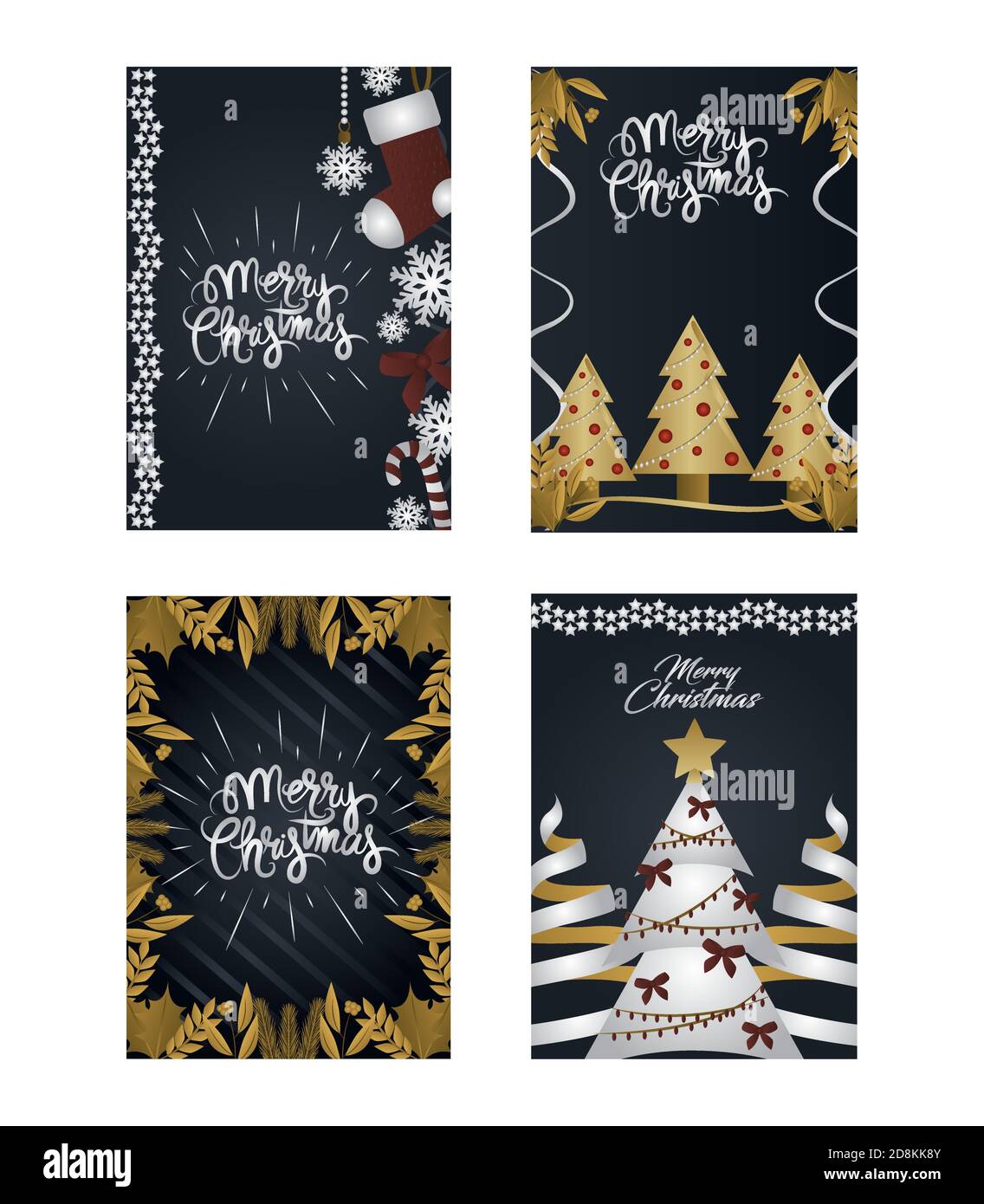 merry christmas, set of four cards golden decoration over black ...