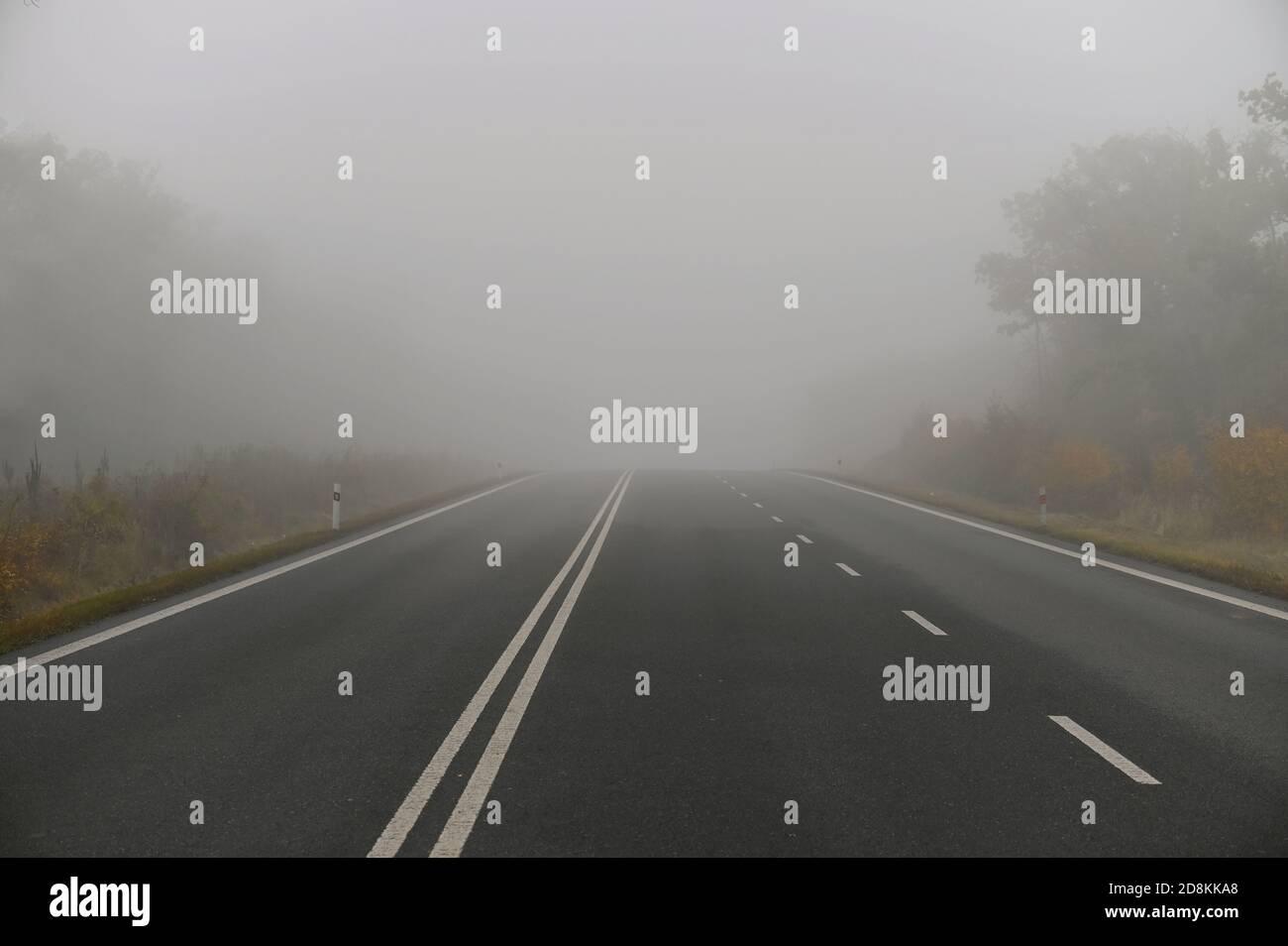 Road in the fog. Autumn season Stock Photo - Alamy