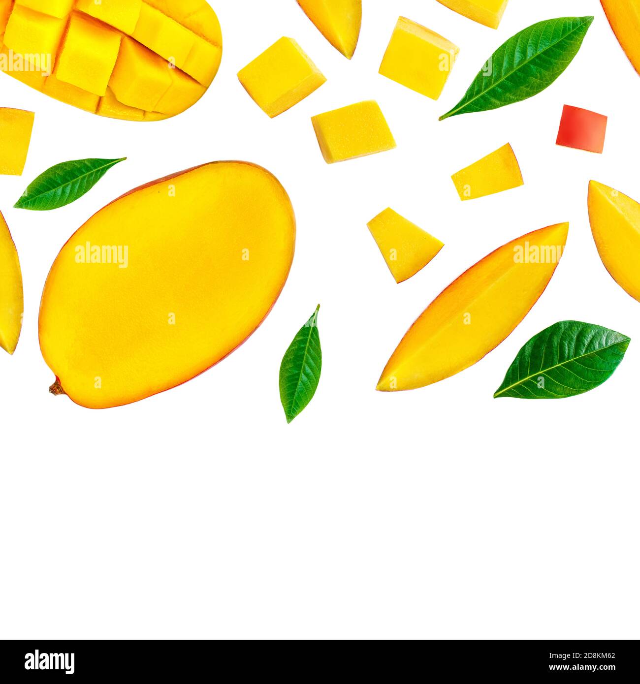 Creative layout of mango fruit with pieces and green leaves isolated on ...