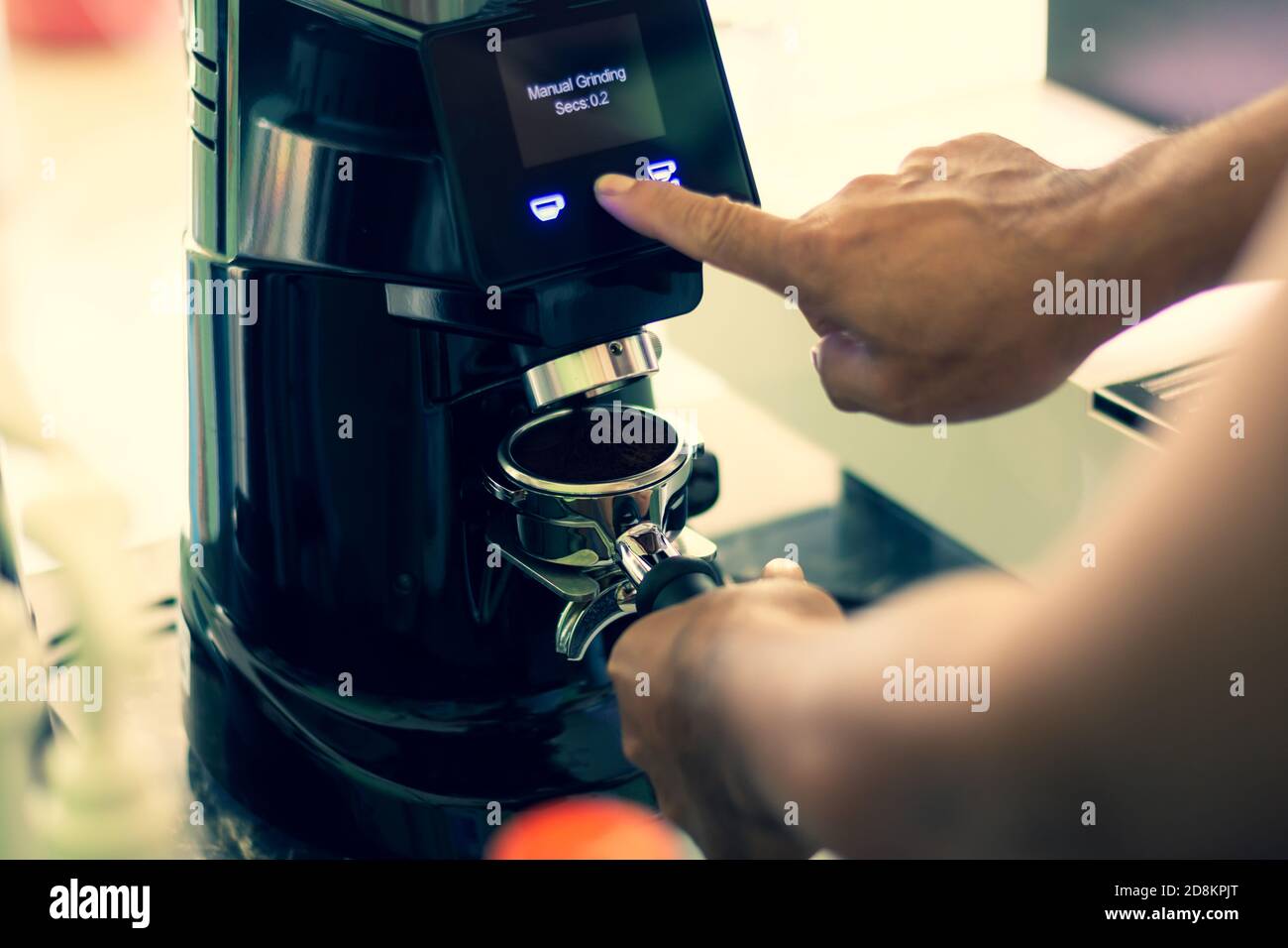 Process of brew coffee making in a coffee house.The barista hand ...
