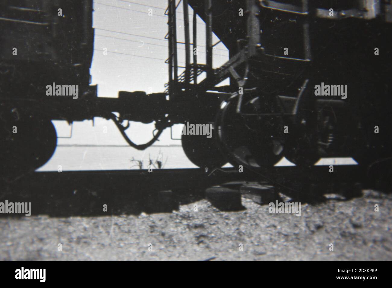 Fine 1970s vintage black ad white photography of two cargo train cars ...