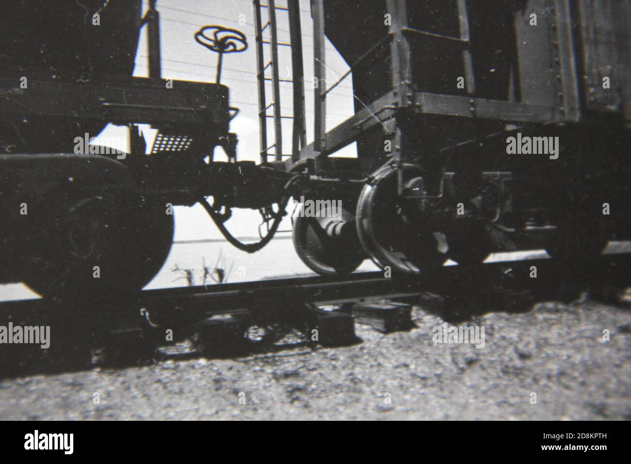 Fine 1970s vintage black ad white photography of two cargo train cars ...