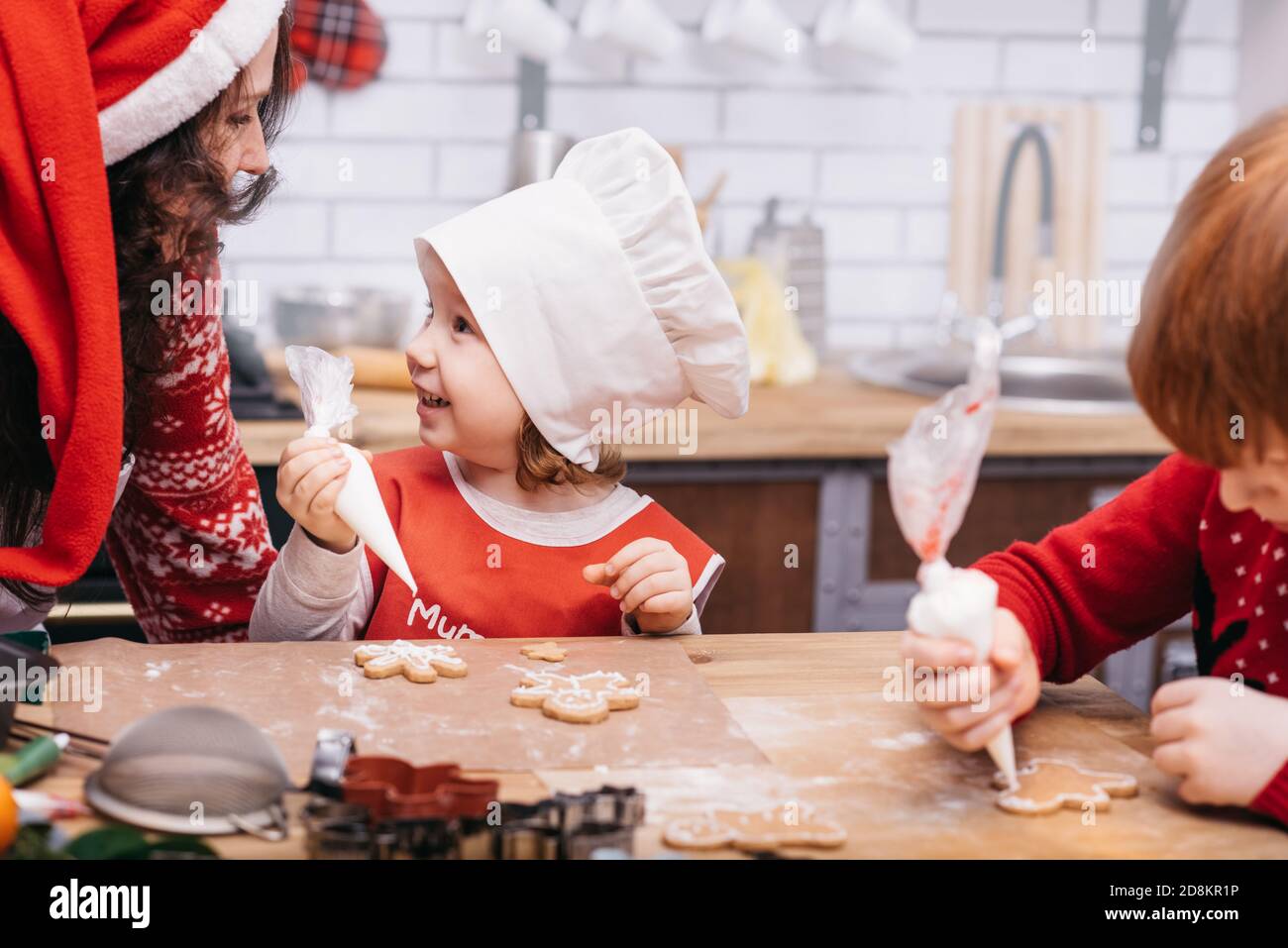 happy family mother and children son and daughter bake cookies for ...