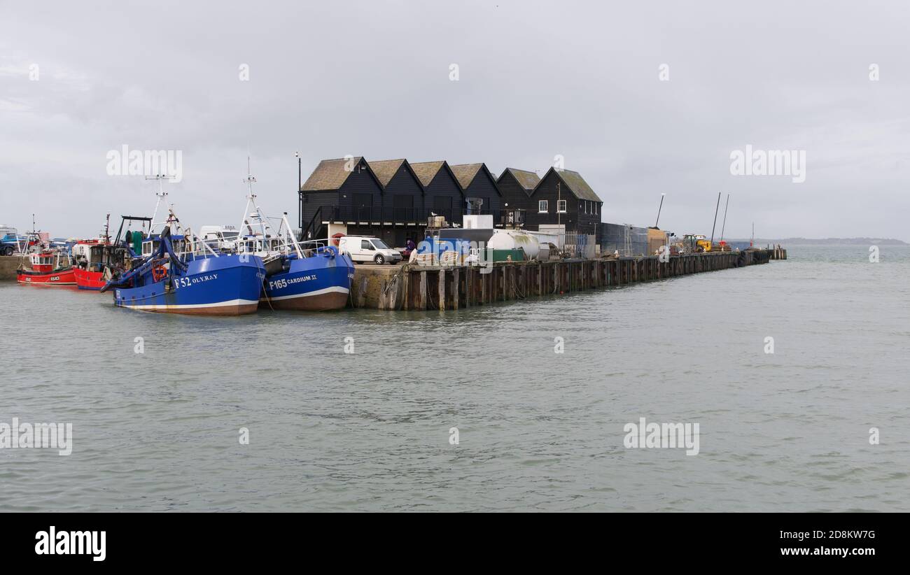 28 October 2020 - Whitstable UK: Fishing boats and huts at Whistable ...