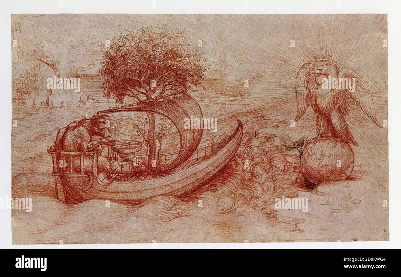 Leonardo da Vinci. Allegory with a wolf and eagle. 1515-1516. Red chalk ...