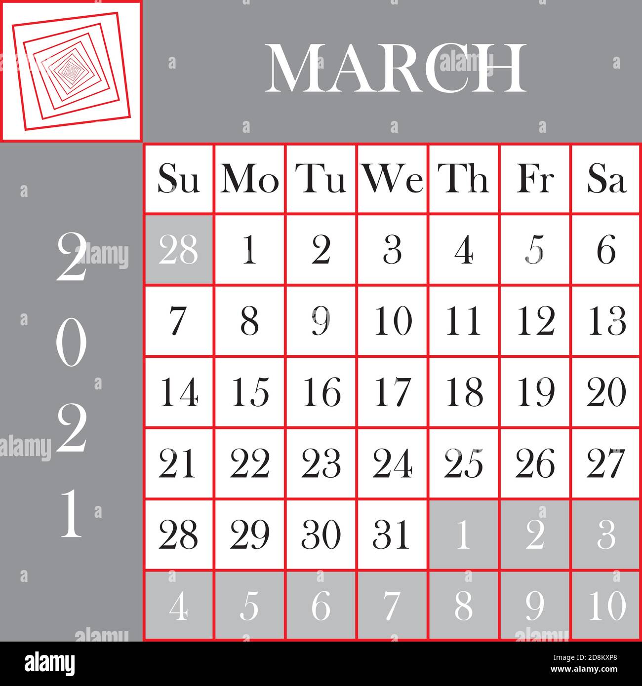 Square format 2021 Calendar March gray white background designer cut ...