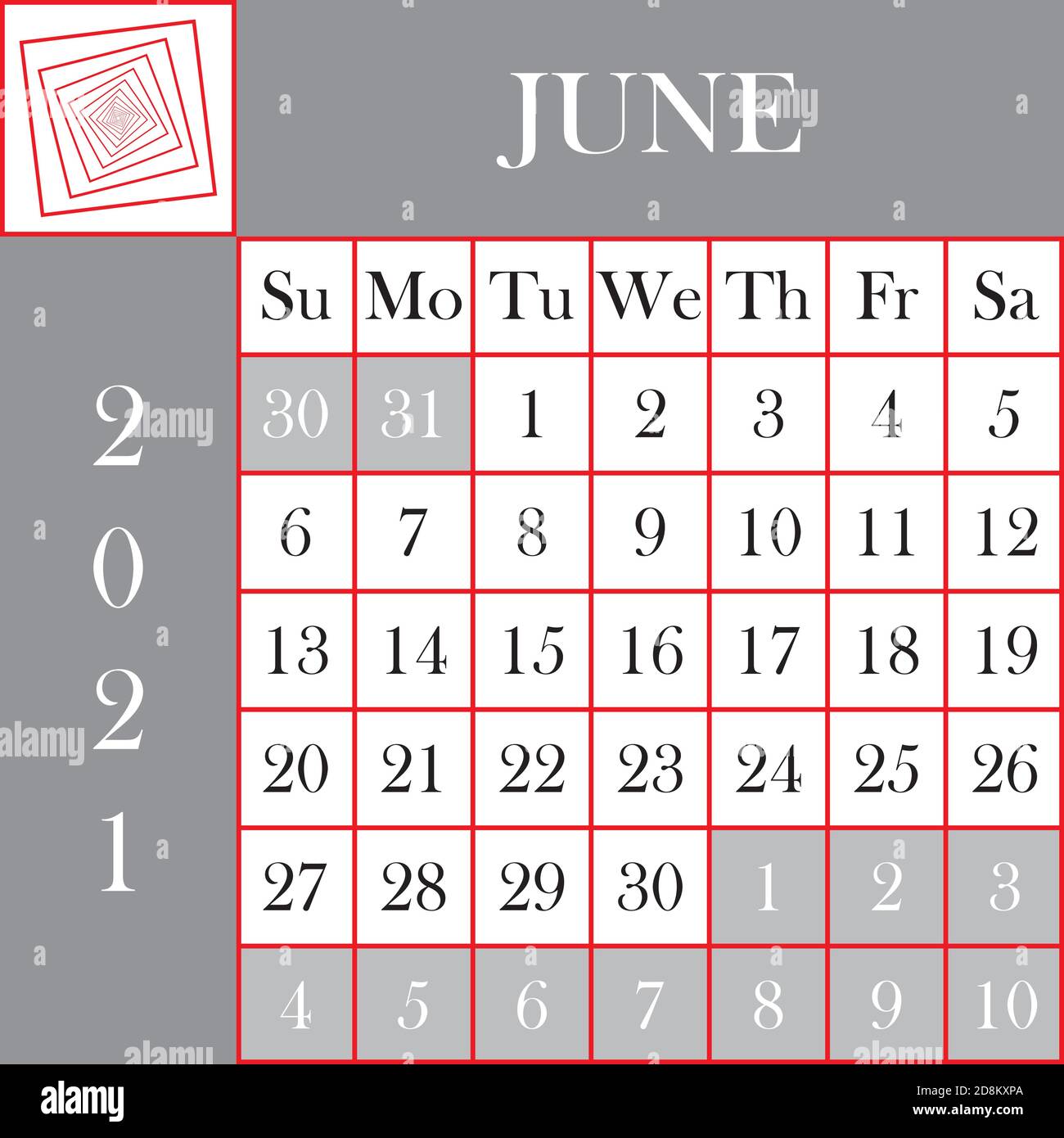 Square format 2021 Calendar June gray white background designer cut ...