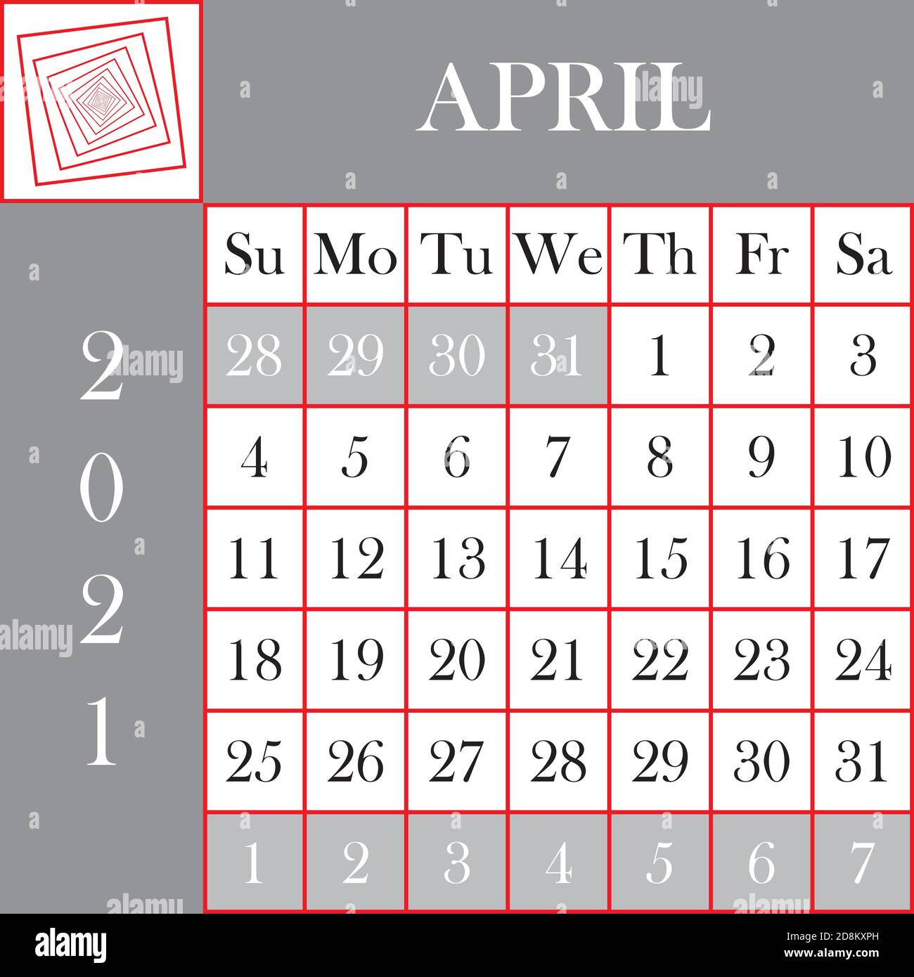Square format 2021 Calendar April gray white background designer cut ...