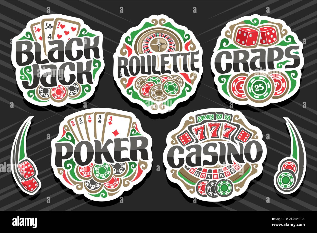 Vector set of Gambling Logos, 7 isolated badges with illustration of ...