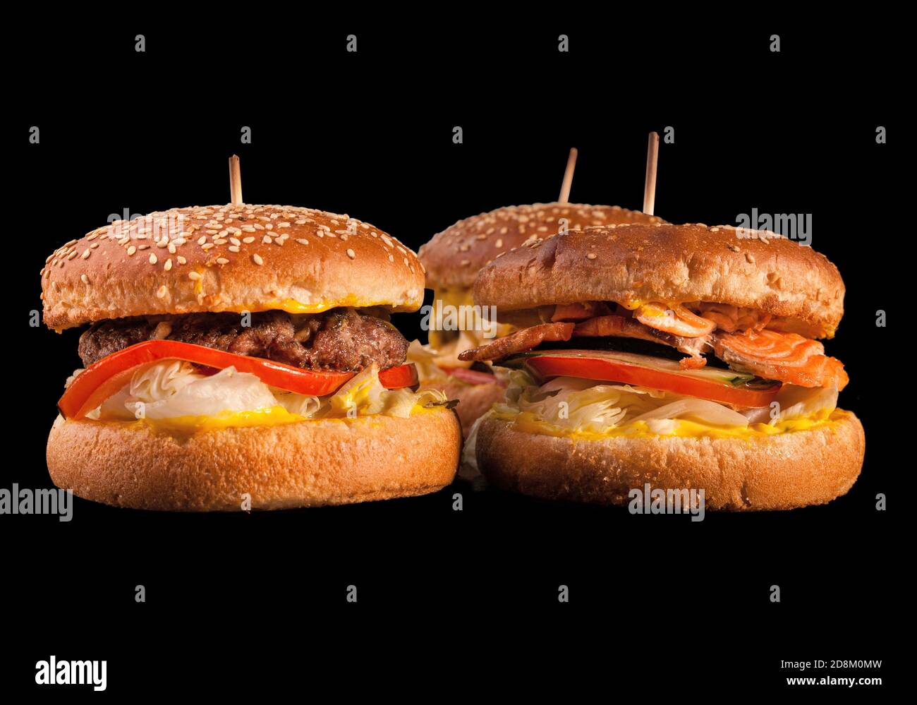 Set of different burgers isolated on black background. Hamburger ...