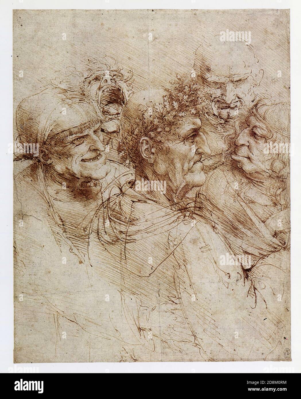 Leonardo da Vinci. Five characters in a comic scene. 1490. Pen and ink ...