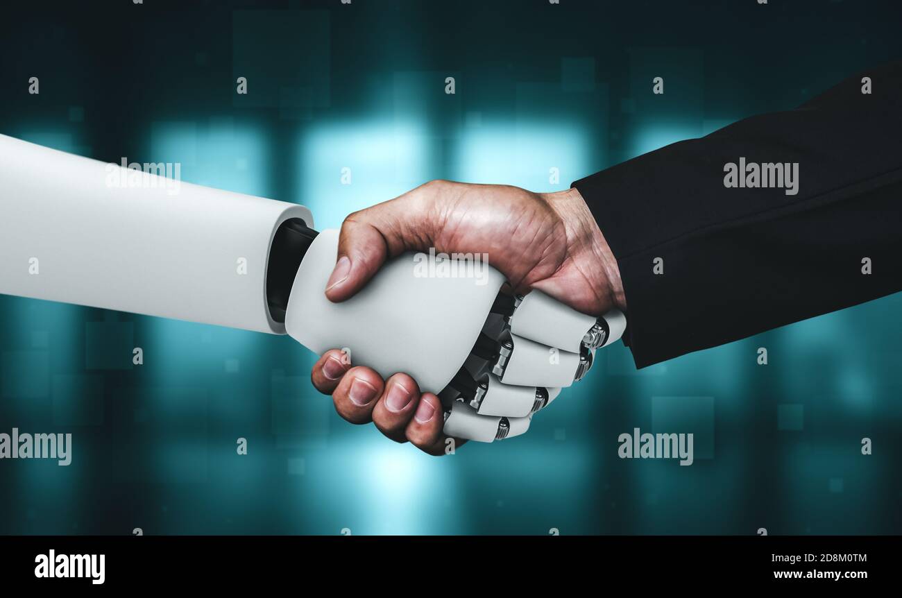 3D rendering humanoid robot handshake to collaborate future technology development by AI ...