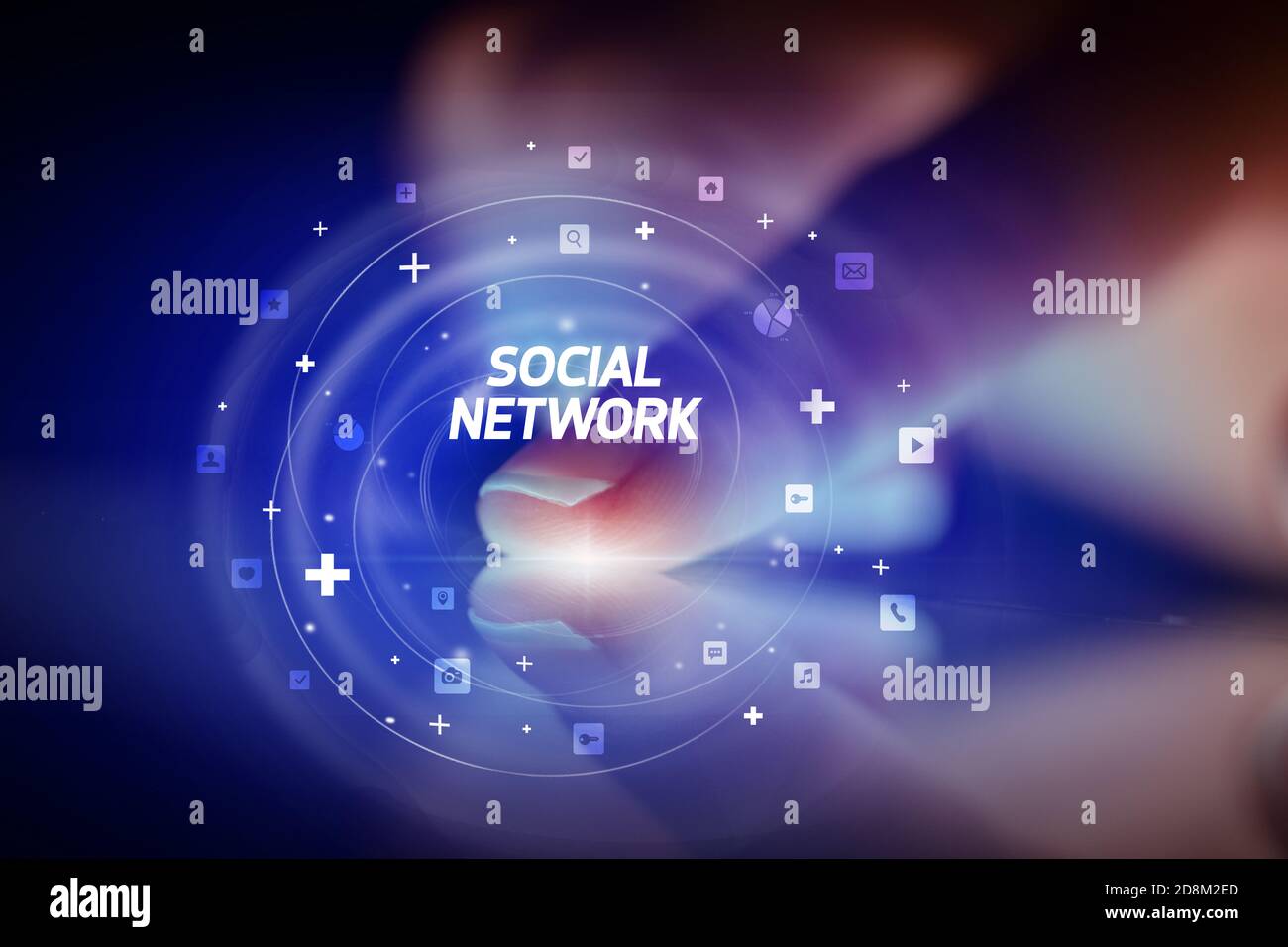 Finger touching tablet with social media icons and SOCIAL NETWORK Stock ...