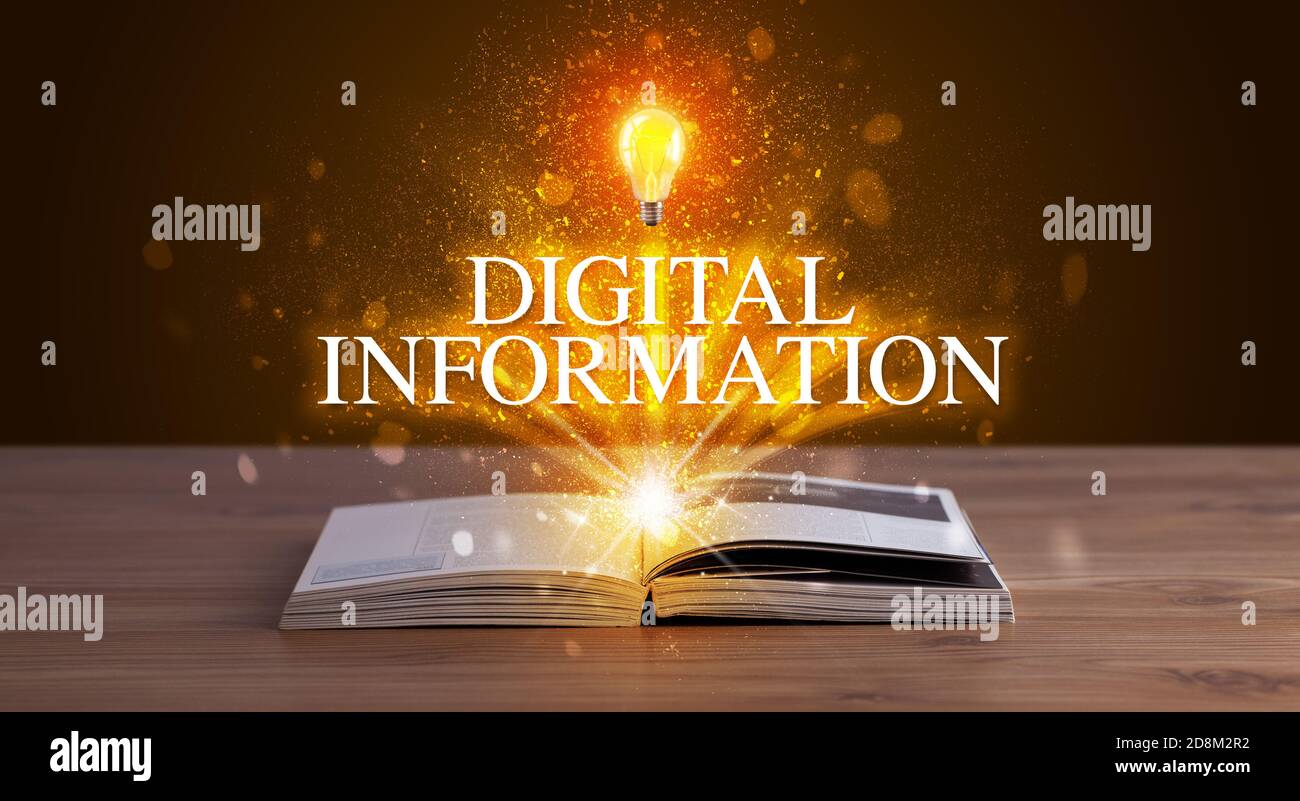 DIGITAL INFORMATION inscription coming out from an open book ...