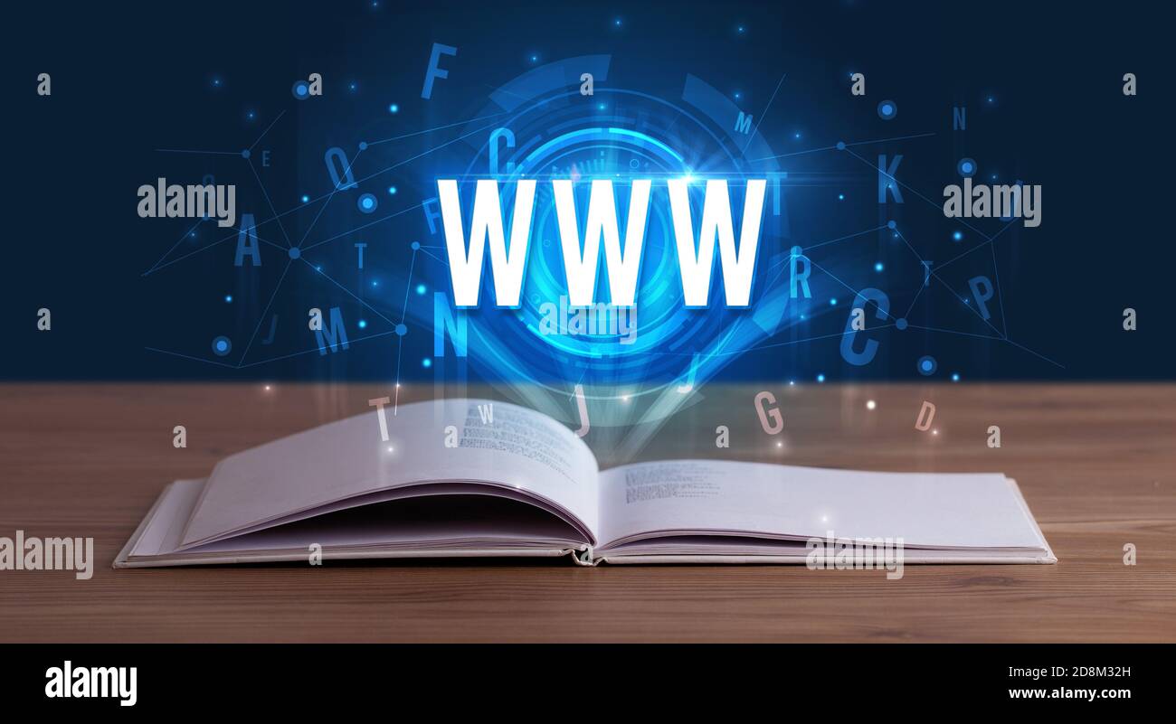 WWW inscription coming out from an open book, digital technology ...