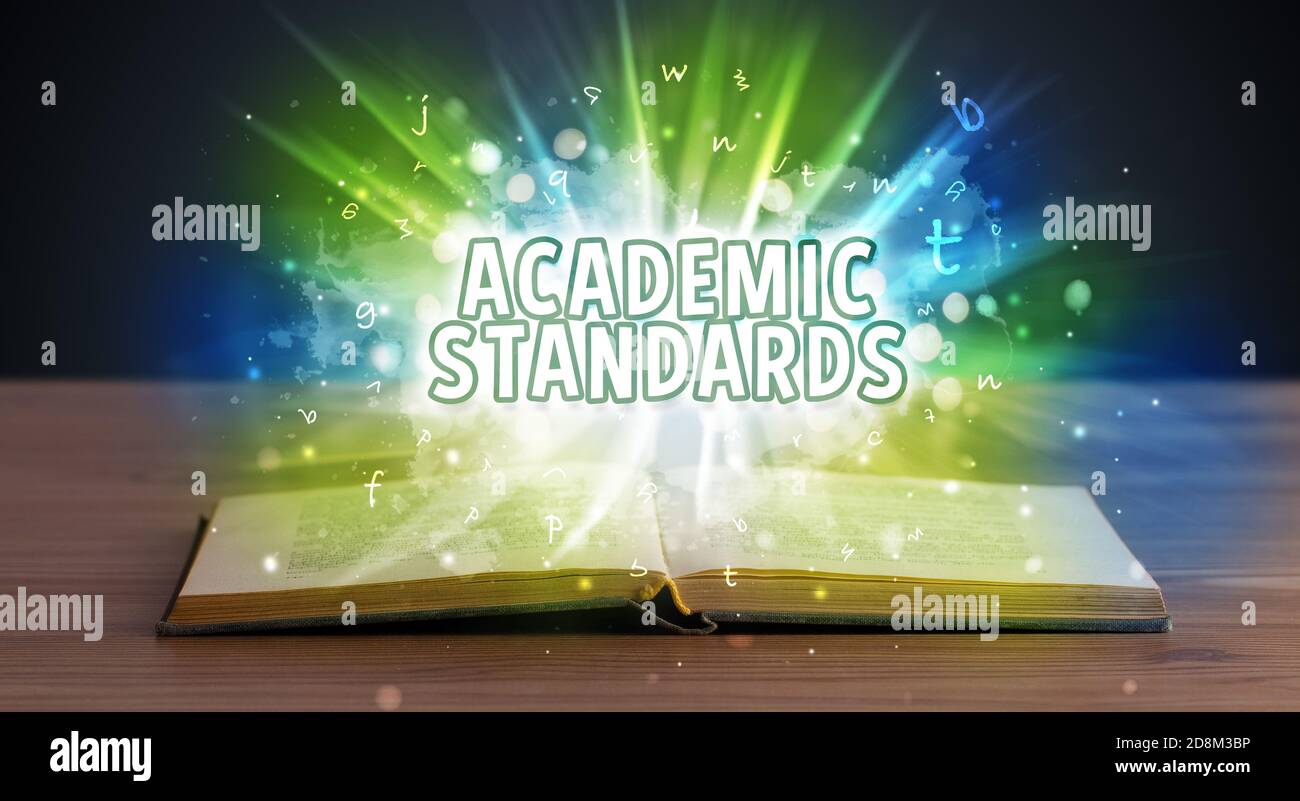 ACADEMIC STANDARDS inscription coming out from an open book ...
