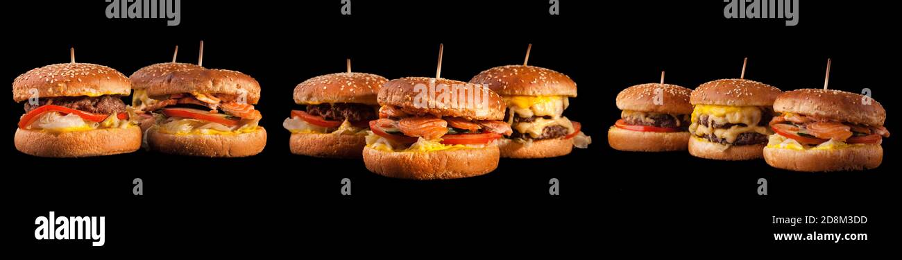 Burgers set isolated on black background. Hamburger, cheeseburger and ...