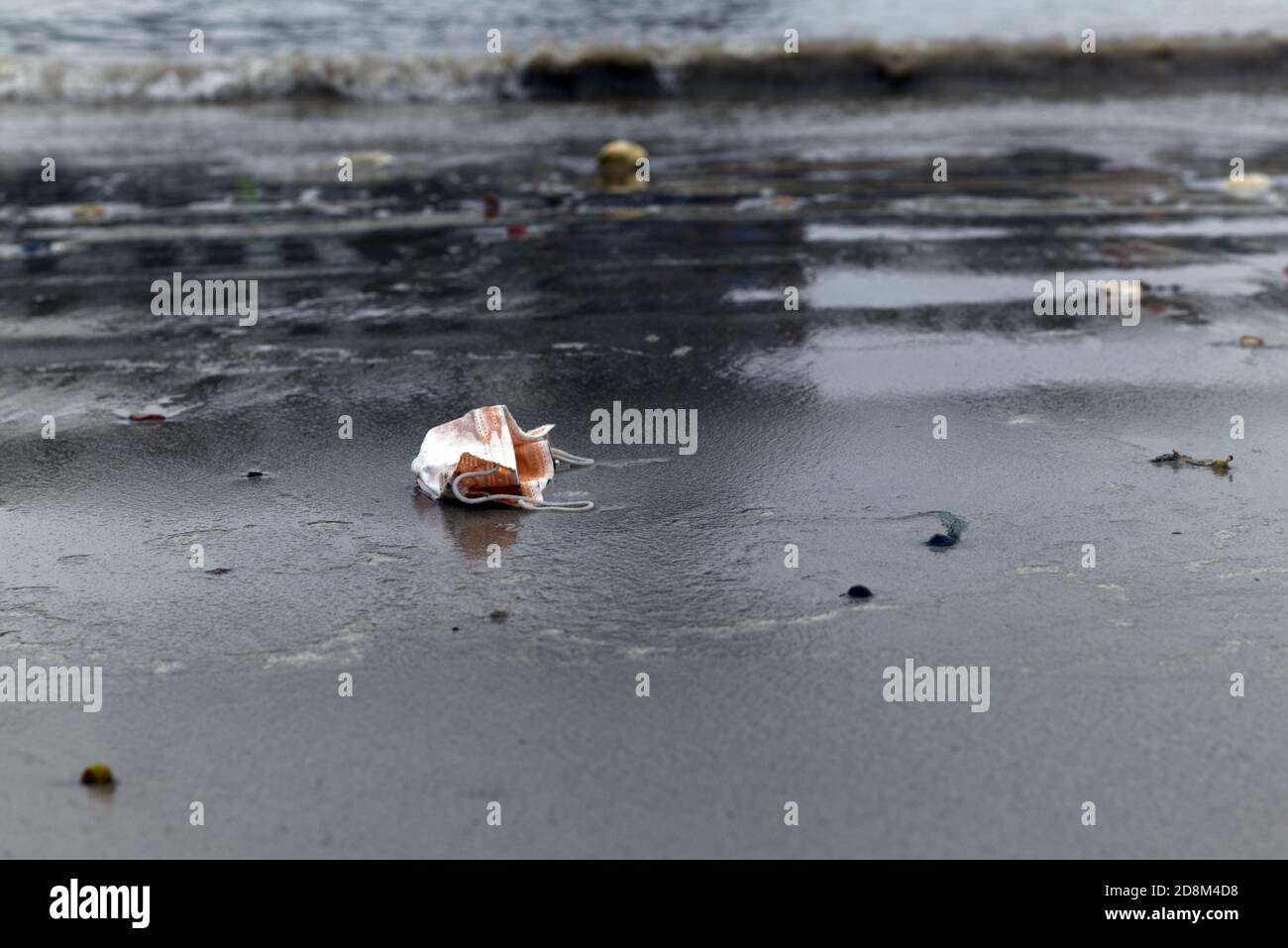 Face Mask discarded on a beach which is cause of environmental damage ...