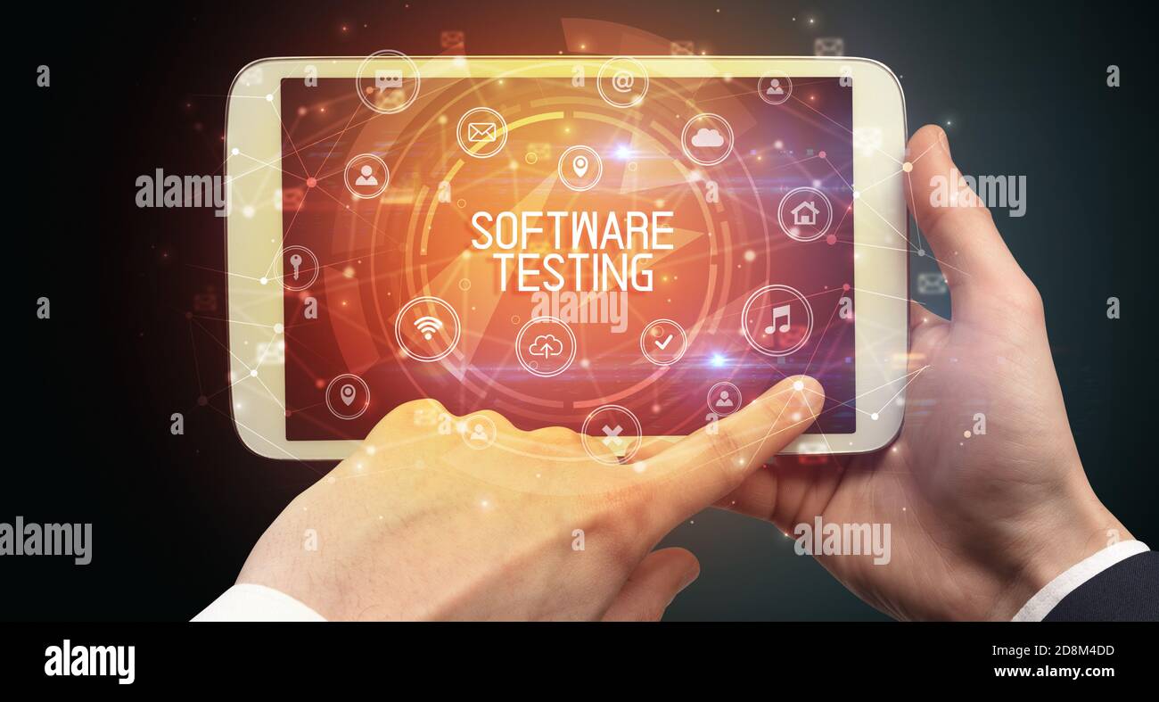Close-up of a tablet with SOFTWARE TESTING inscription, innovative ...