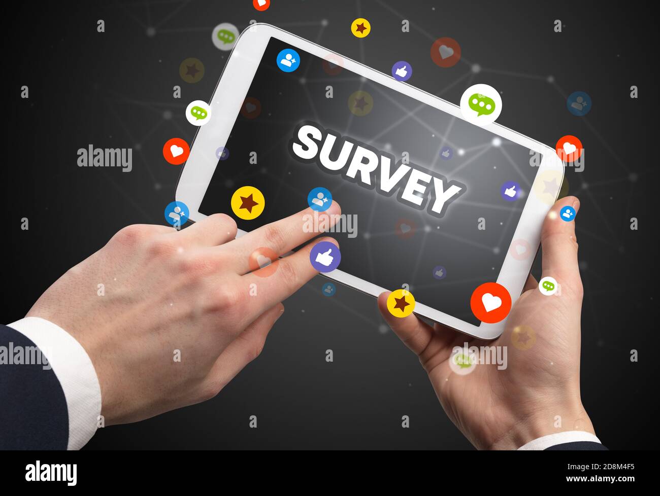 Close-up of a touchscreen with SURVEY inscription, social networking ...