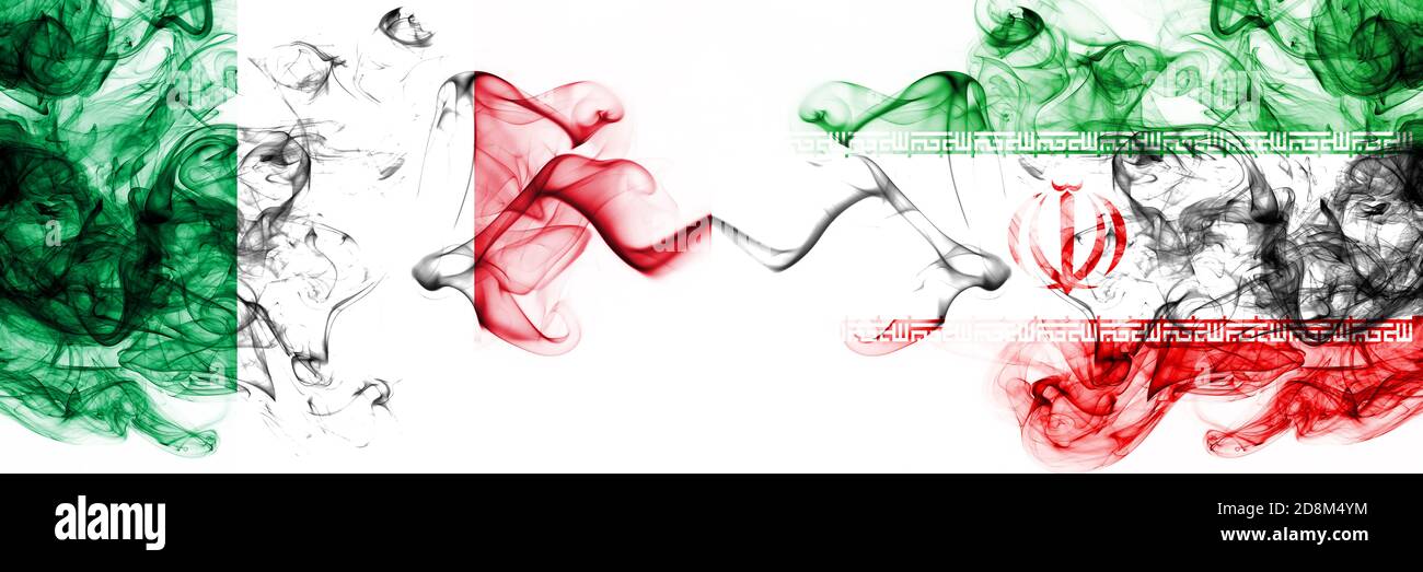 Italy vs Iran, Iranian smoky mystic flags placed side by side. Thick ...