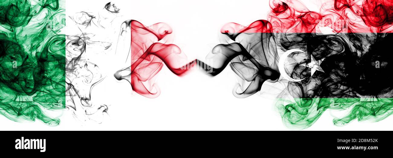 Italy vs Libya, Libyan smoky mystic flags placed side by side. Thick ...