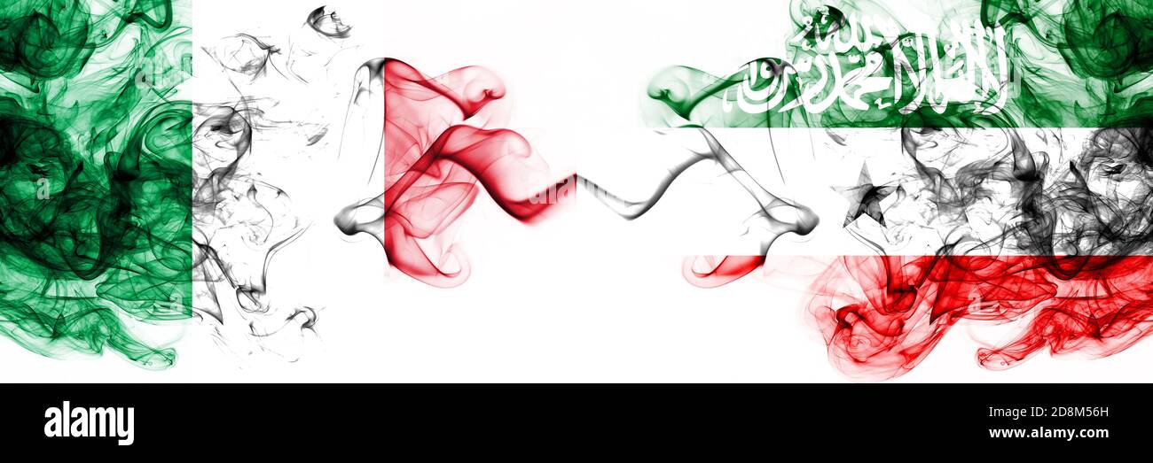 Italy vs Somaliland smoky mystic flags placed side by side. Thick ...