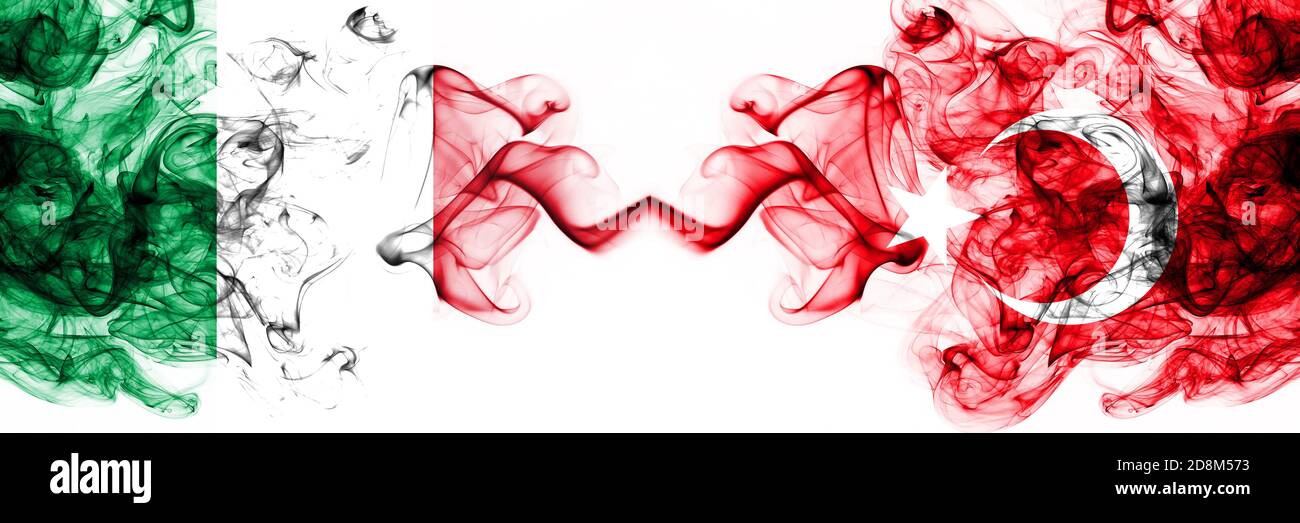 Italy vs Turkey, Turkish smoky mystic flags placed side by side. Thick ...