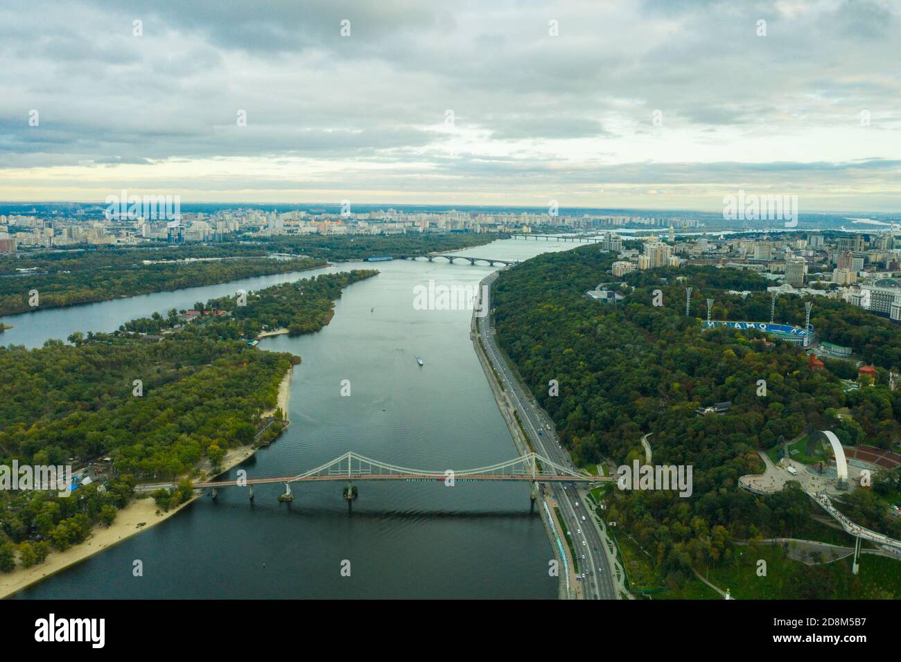 Aerial view of the Dnieper River and districts of Kyiv - the largest ...