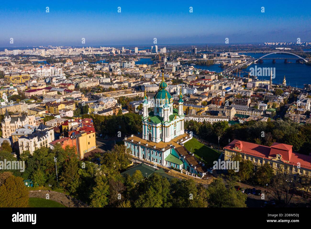 Aerial top view of Saint Andrew's church and Andreevska street from ...