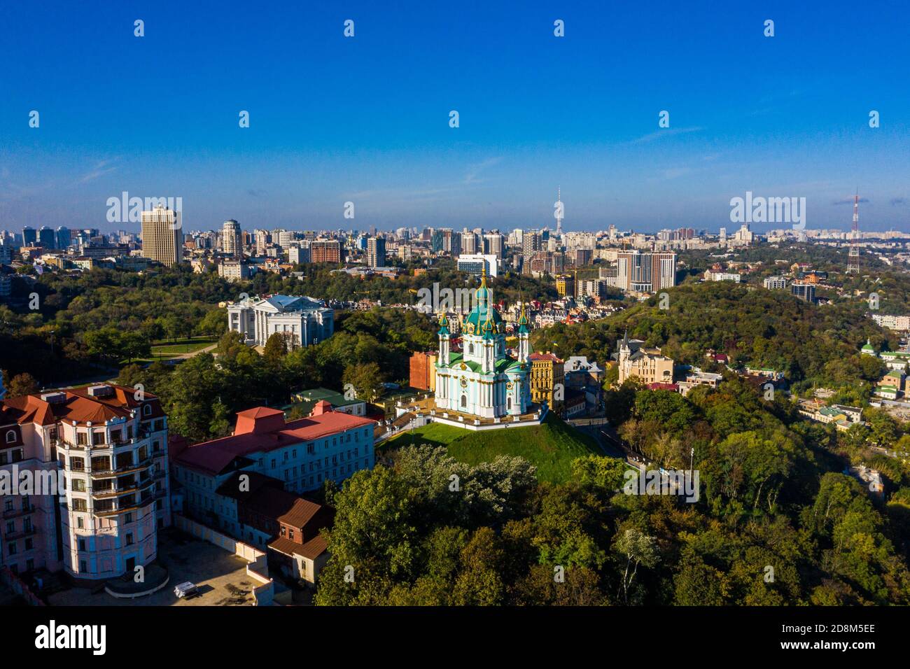 Aerial top view of Saint Andrew's church and Andreevska street from ...