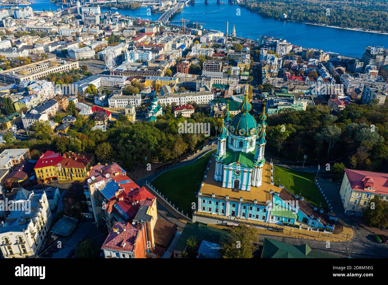 Aerial top view of Saint Andrew's church and Andreevska street from ...