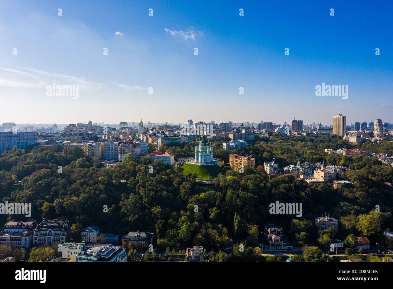 Aerial top view of Saint Andrew's church and Andreevska street from ...