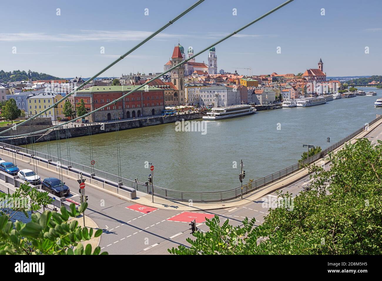 The historic center of Passau with the Luitpold bridge and the Danube ...